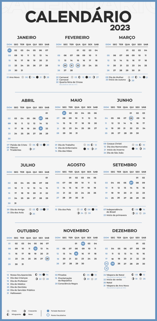 Calendário 2023 com feriados, datas comemorativas e fases da lua