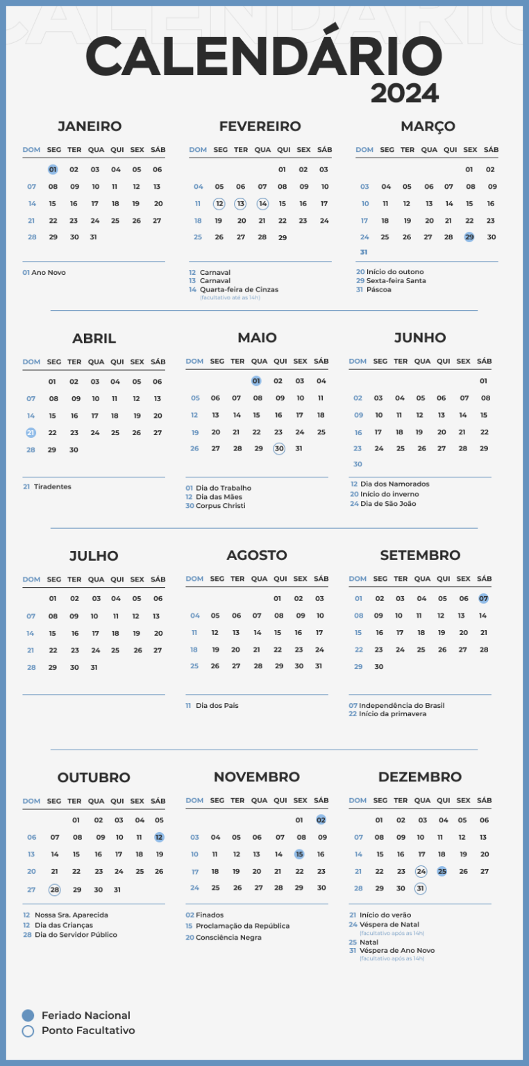 FERIADOS 2024: calendário completo com feriados prolongados